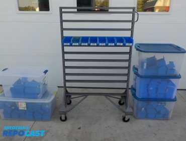 Repocast.com® | Lot of Akro bins with portable rack,