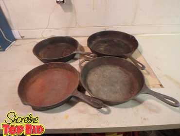 Shoreline Top Bid | 4 vintage cast iron pans 9”, 10”,...